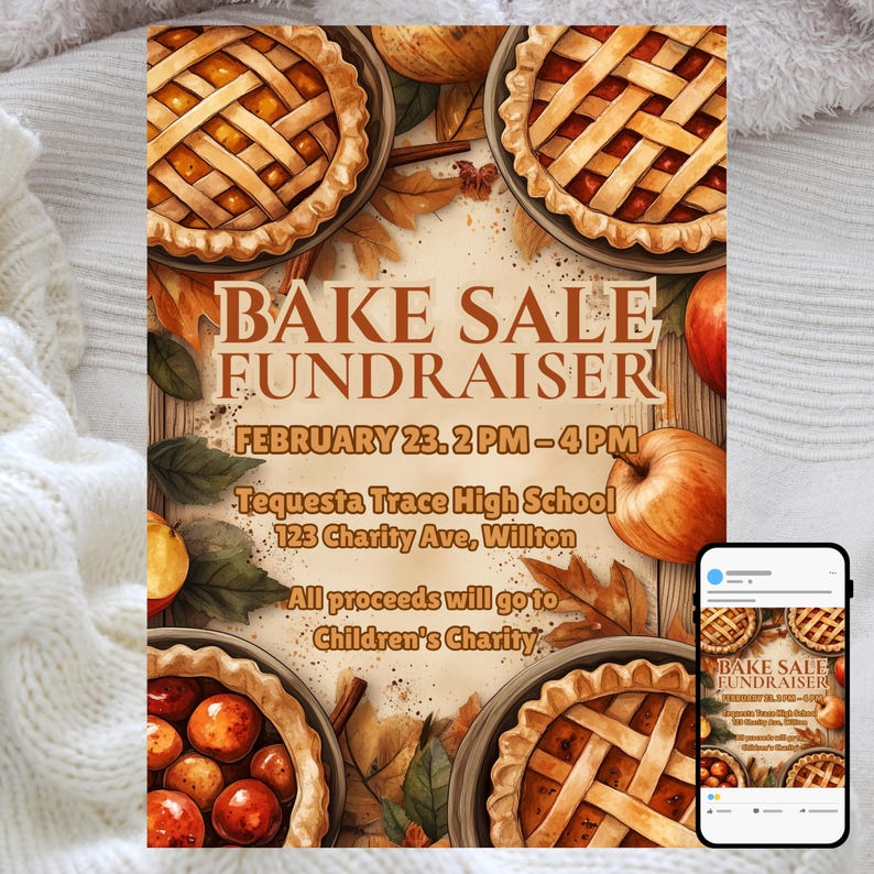 Bake Sale Invitation, Delicious Pies Theme, Editable Charity Event ...