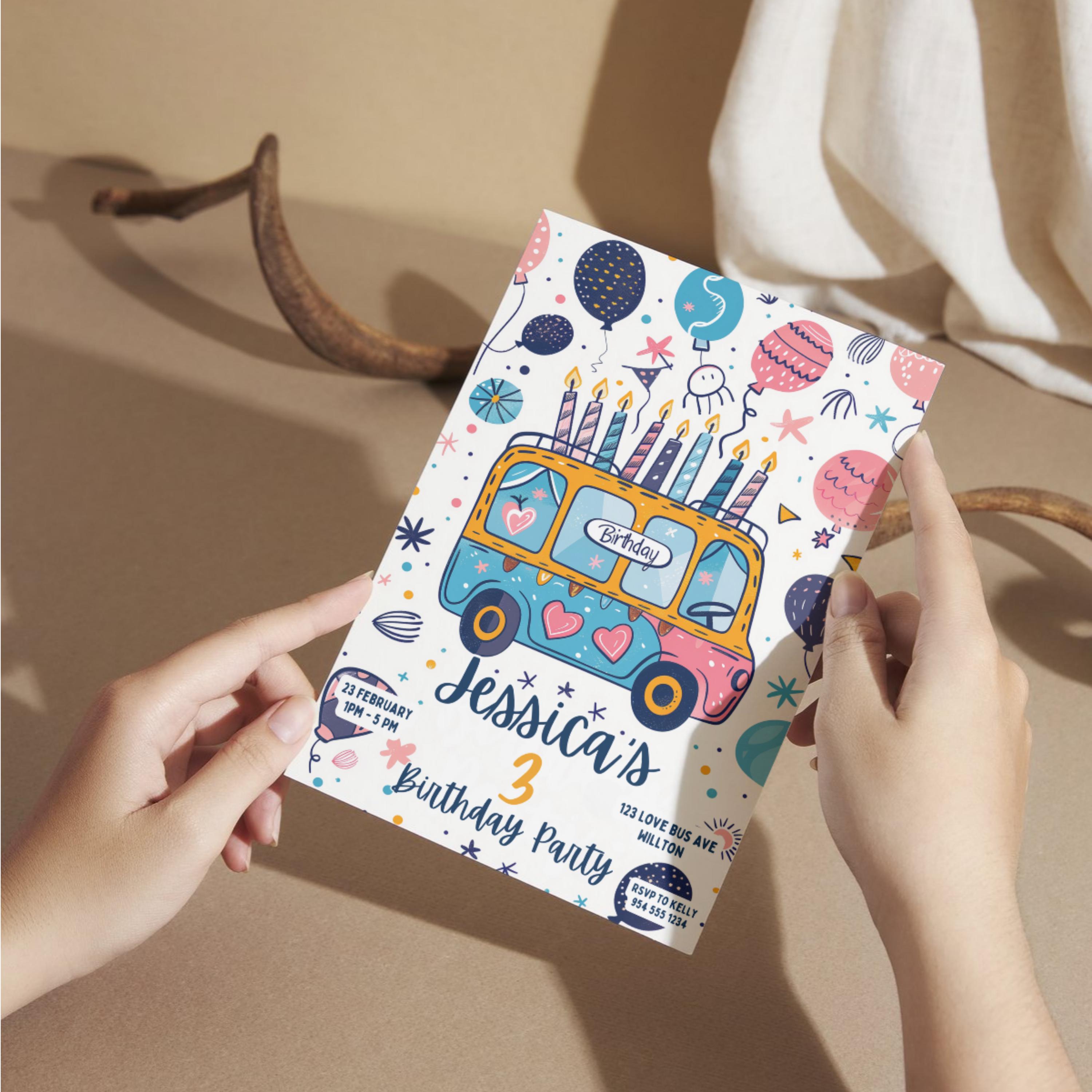 Cute Cartoon Bus Birthday Invitation, Editable School Bus Party Invite ...