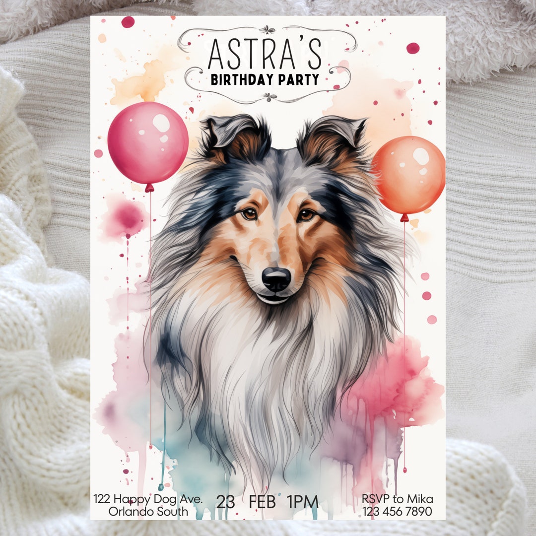 Rough Collie Birthday Invitation, Canine Pawty Card (instant Canva ...