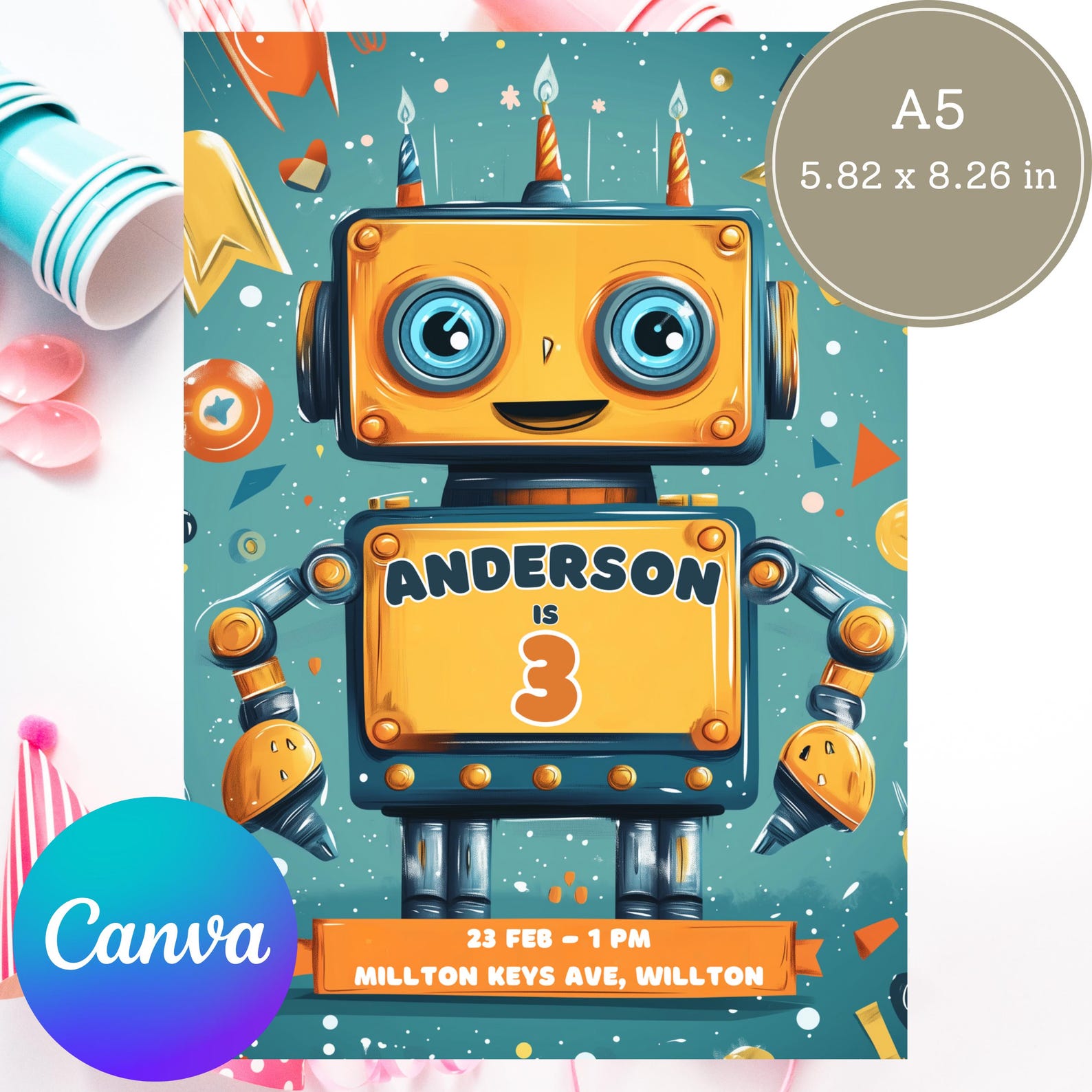 Cute Robot Invitation, Kids Birthday Party, Fun and Playful Robot Theme ...