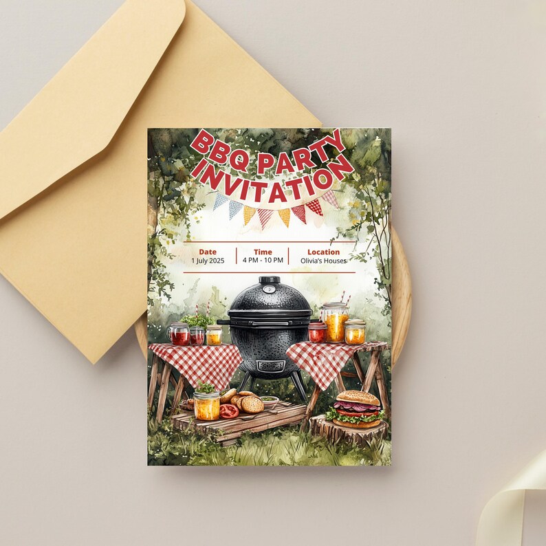 BBQ Party Invitation, Summer Cookout Invite, Rustic Backyard BBQ Design ...