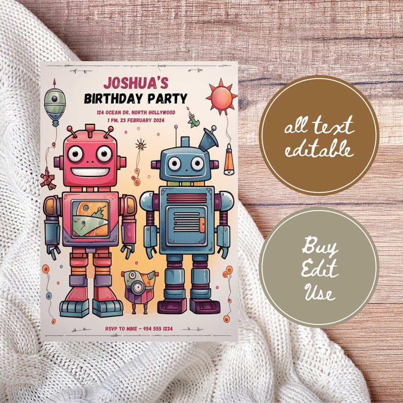 Editable Robot Birthday Invitation Template, Customisable Kids Party ...