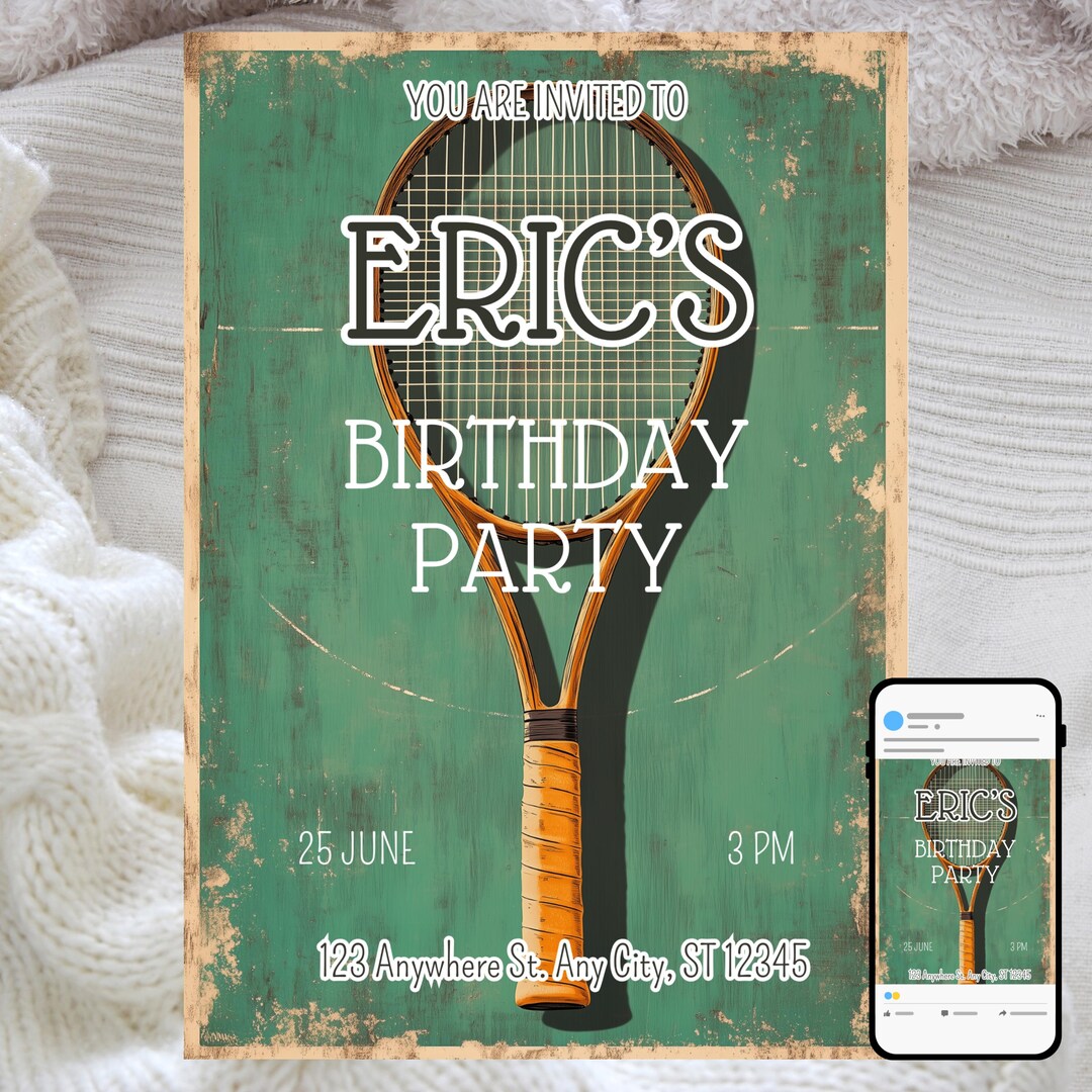 Tennis Birthday Invitation, Editable Sports Party Template, Vintage ...