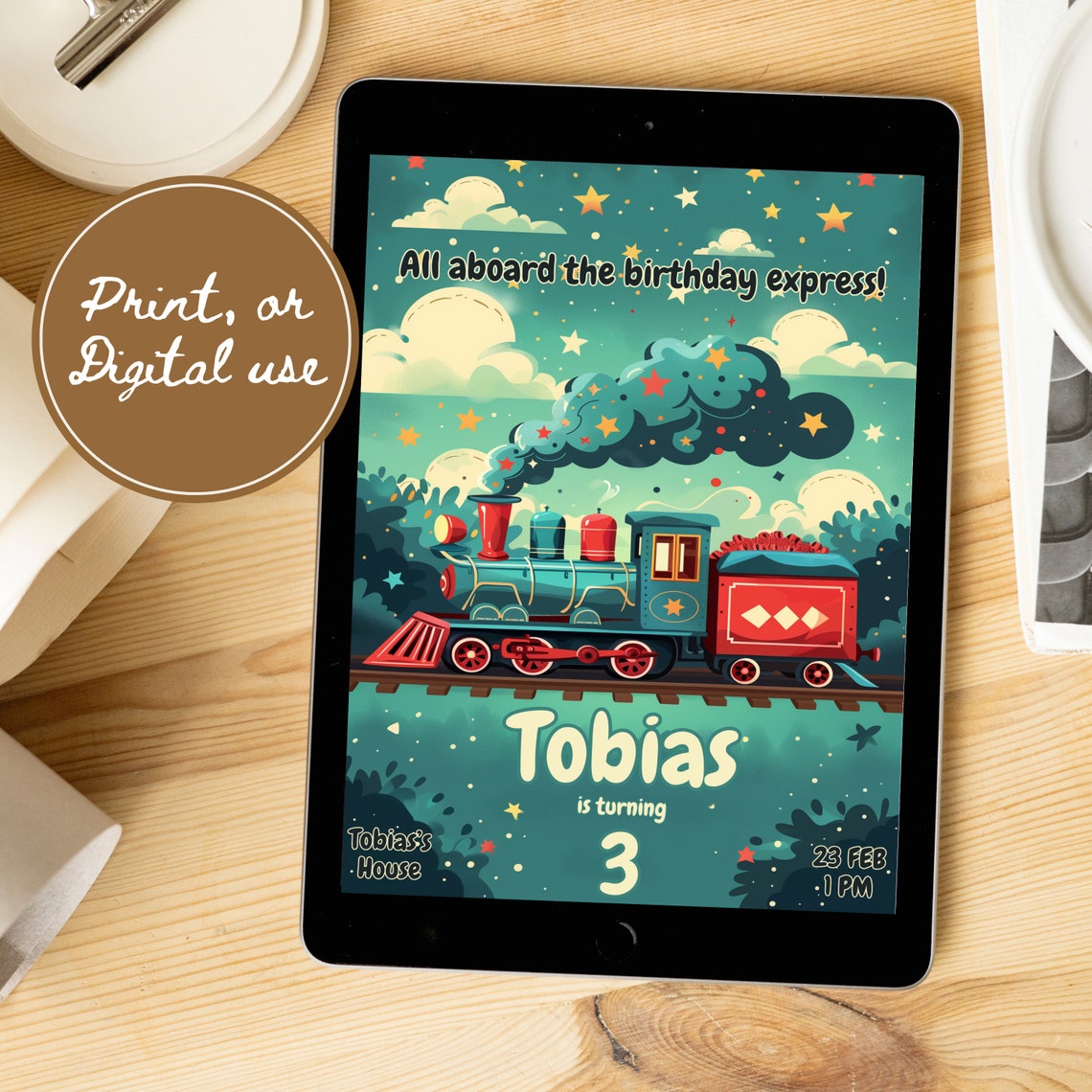 Vintage Steam Engine Birthday Invitation: Train Theme Party (digital ...