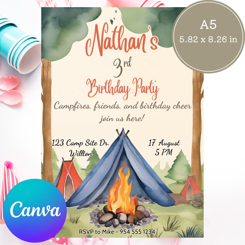 Editable Camping Birthday Invitation, Happy Camper, S'mores and ...