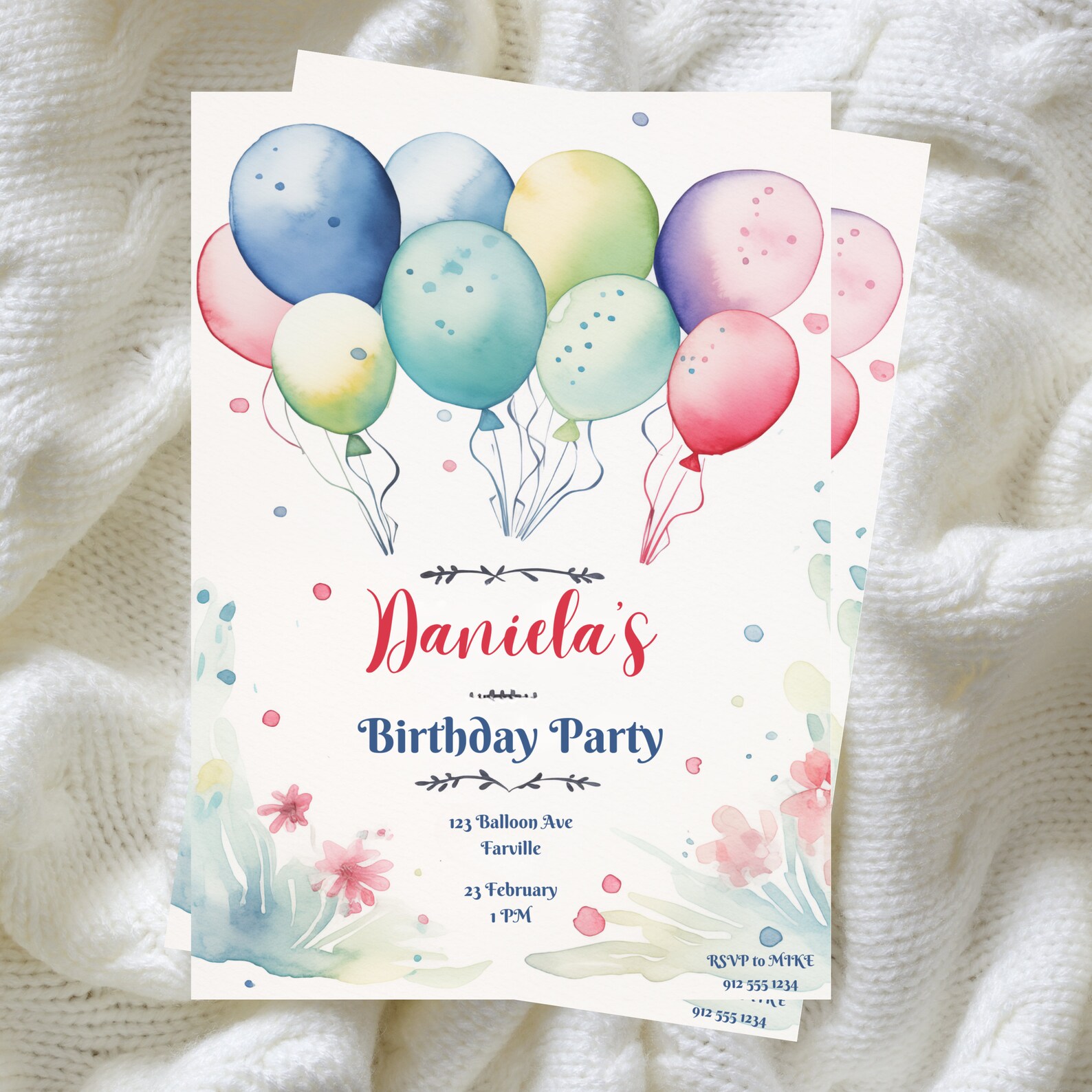 Balloon Birthday Invitation Template, Watercolor Birthday Invite, First ...