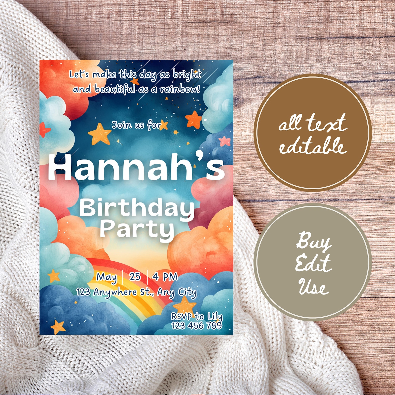 Rainbow & Clouds Birthday Invitation, Kids Party, Editable Digital ...