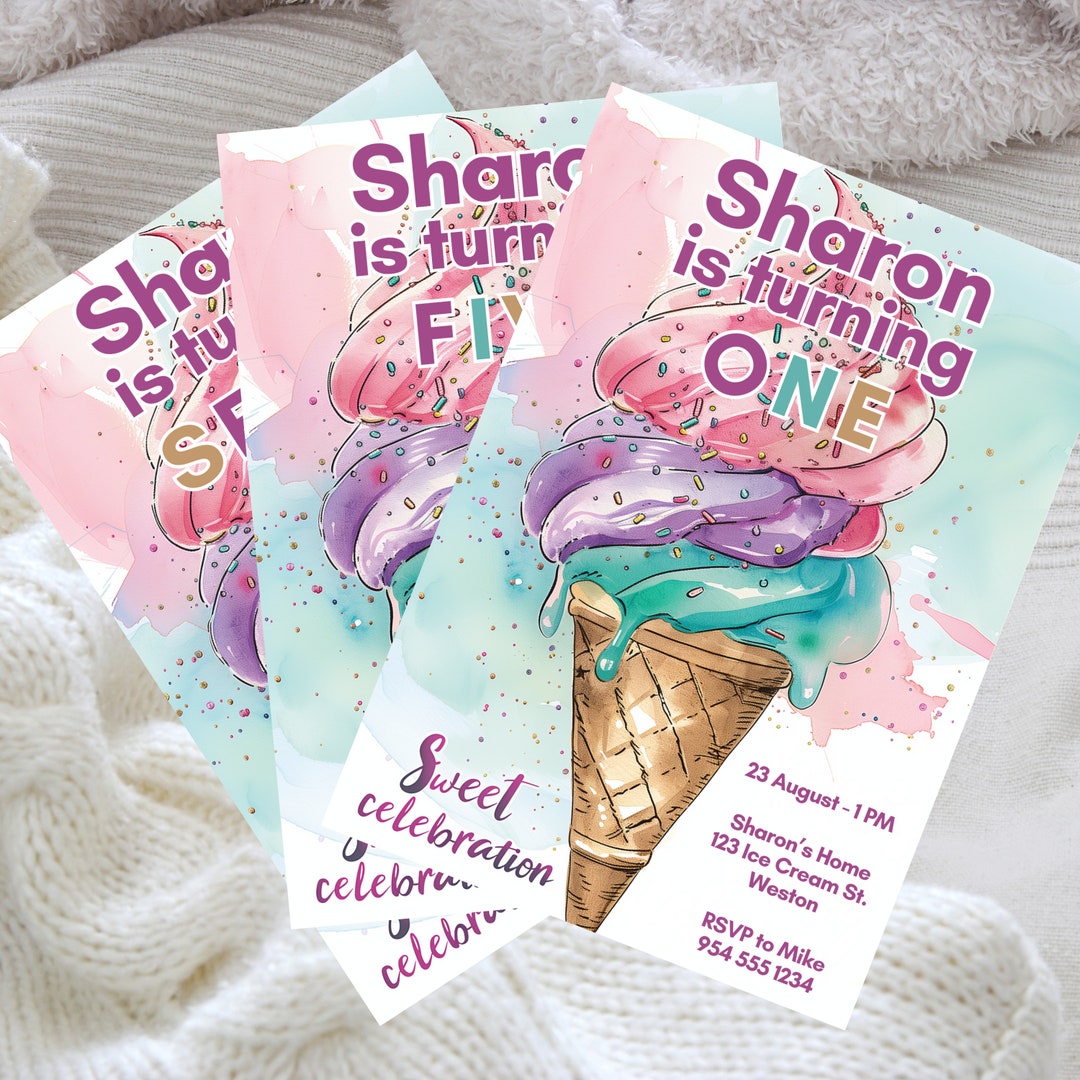 Editable Ice Cream Birthday Invitation, Birthday Party Invitation Card ...
