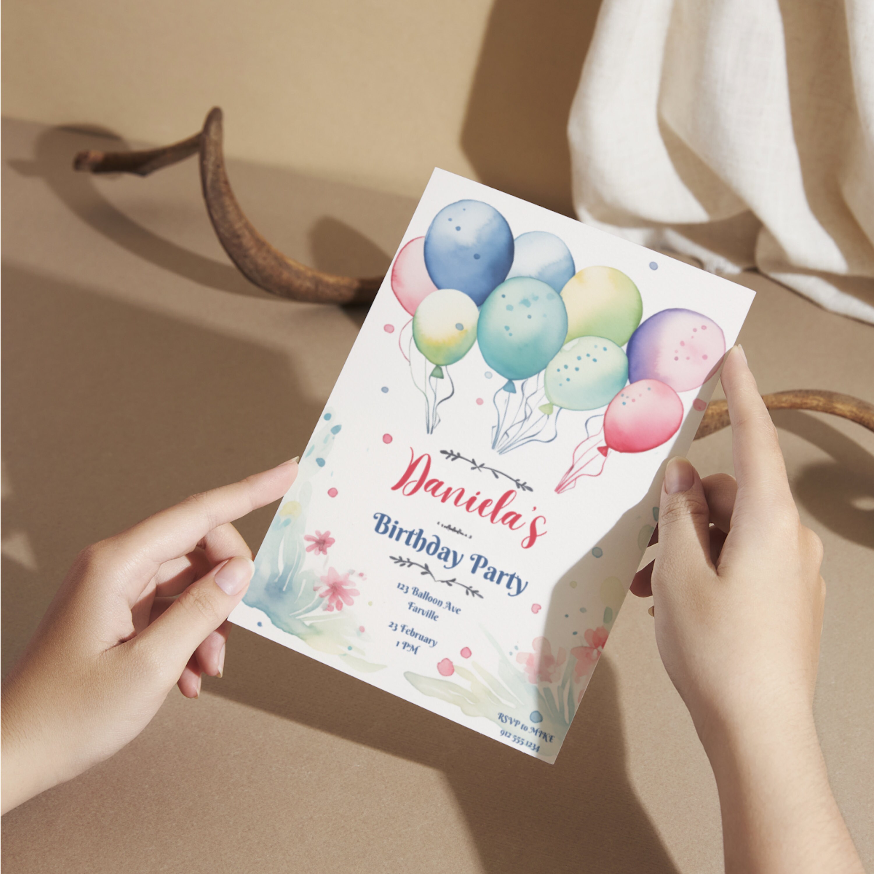 Balloon Birthday Invitation Template, Watercolor Birthday Invite, First ...