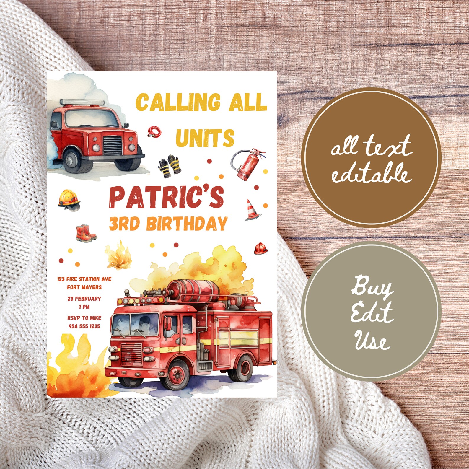 Firetruck Birthday Invitation: Editable Fire Engine Template (digital ...