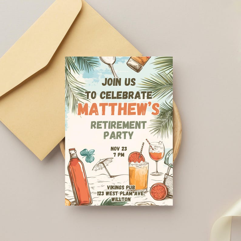 Tropical Retirement Party Invitation: Beach Drinks, Editable Template ...