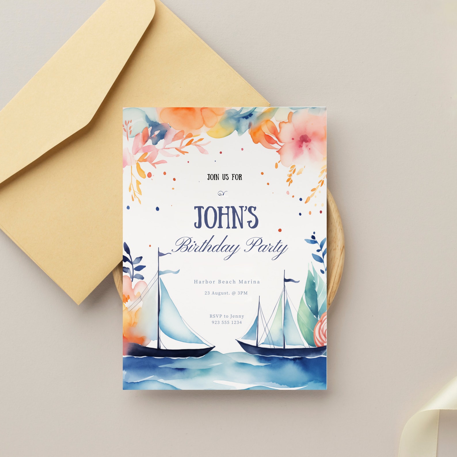 Nautical Watercolor Boat Birthday Party Invitation, Yacht Party ...