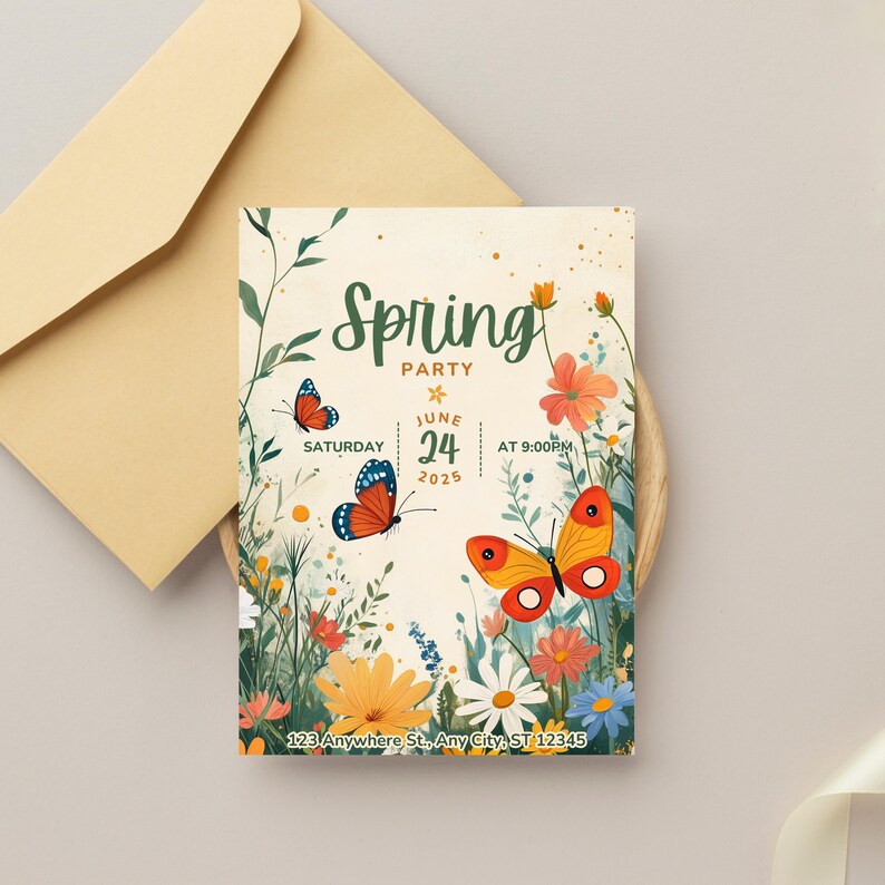 Spring Party Invitation, Editable Digital Template, Butterflies and ...