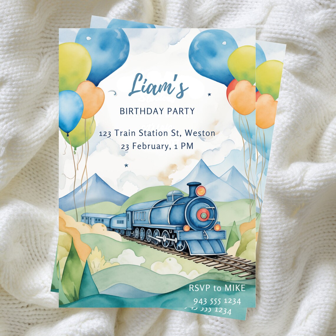 Watercolor Train Theme Birthday Party Invite, Chugga Train Invite ...