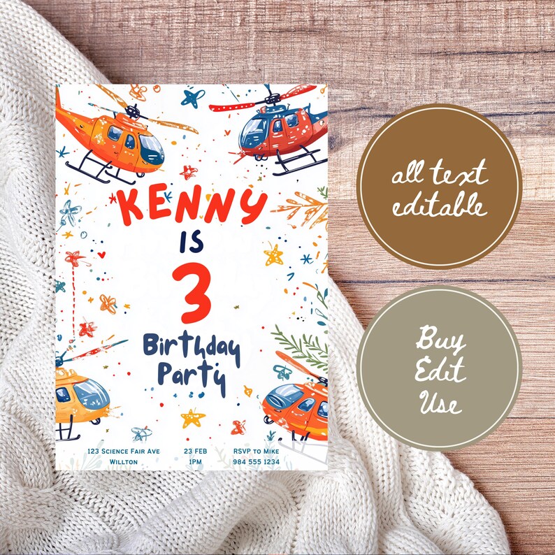 Helicopter Birthday Party Invitation: Sky Adventure Theme (editable ...