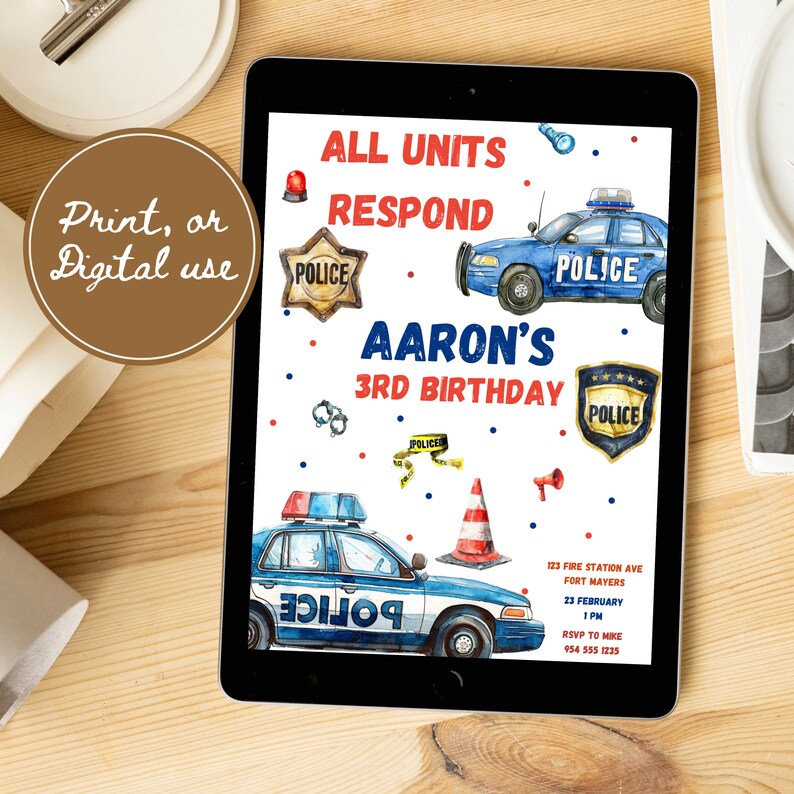 Police Car Birthday Invitation: Emergency Vehicles, Canva Template ...