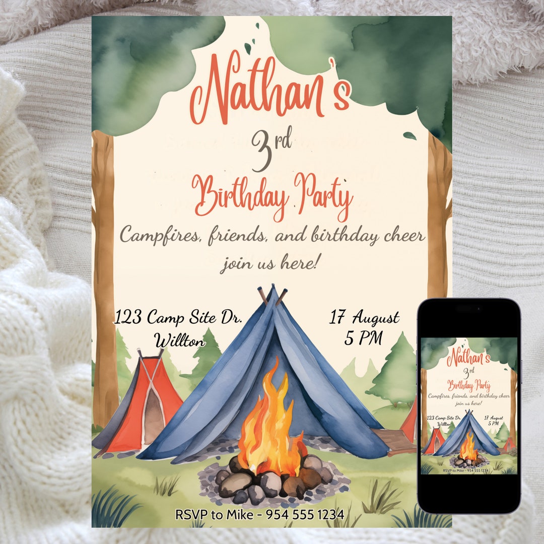 Editable Camping Birthday Invitation, Happy Camper, S'mores and ...