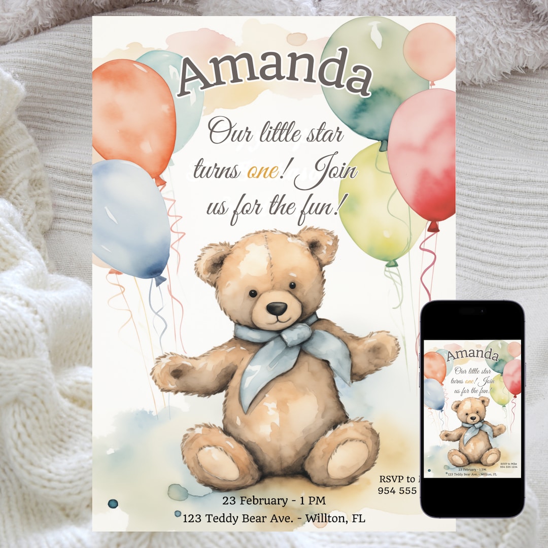 Editable Teddy Bear Birthday Invitation, Little Star Birthday Party ...