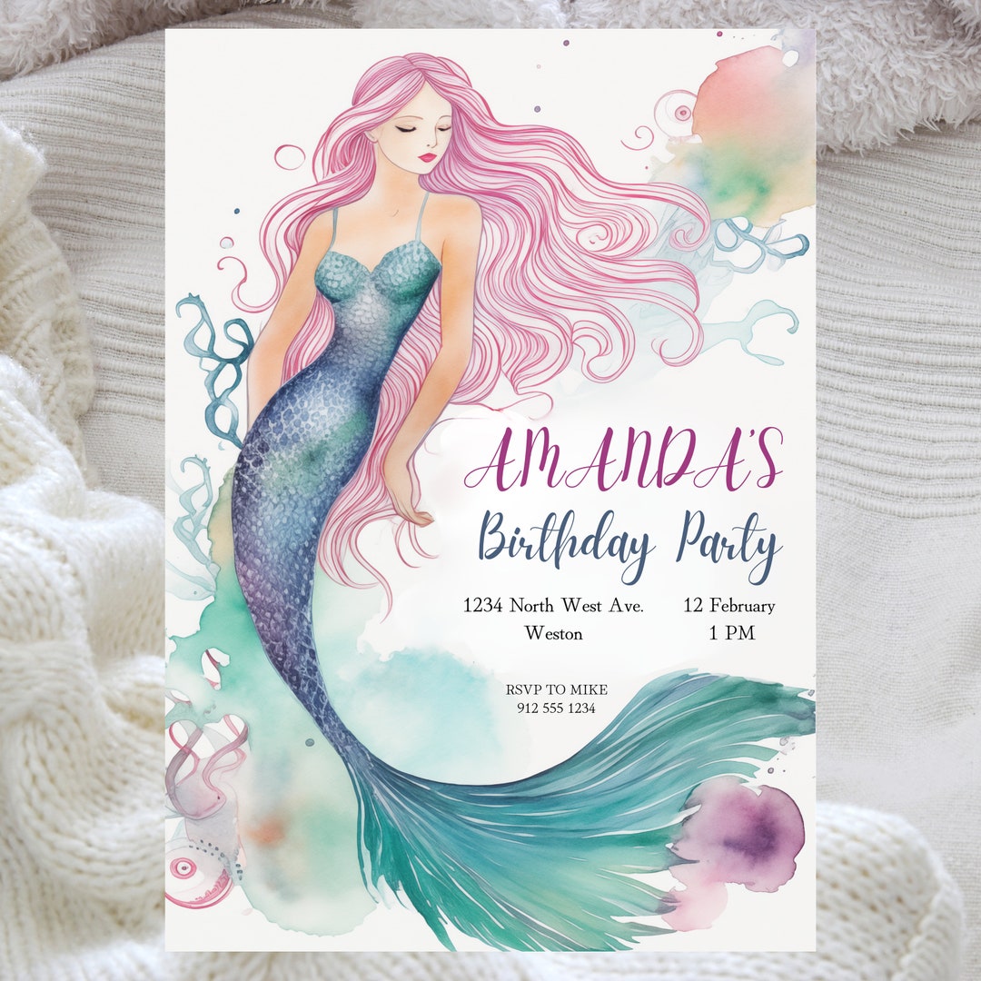 Girls Mermaid Sea Theme Birthday Invitation, Party Digital Invitation ...