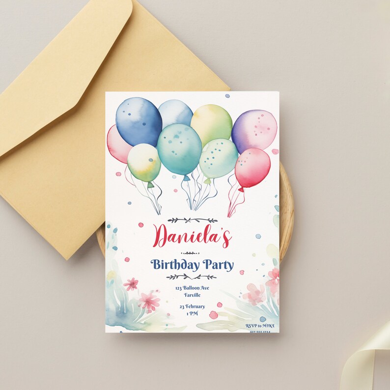Balloon Birthday Invitation Template, Watercolor Birthday Invite, First ...