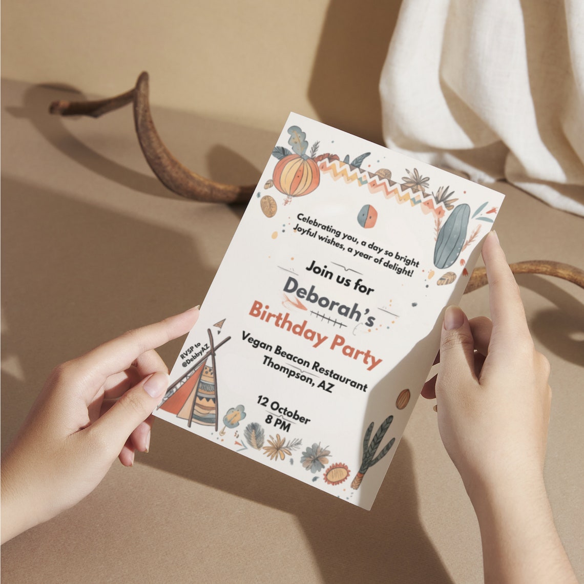 Editable Native American Birthday Invitation, Neutral Colours Printable ...