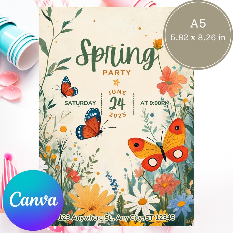 Spring Party Invitation, Editable Digital Template, Butterflies and ...
