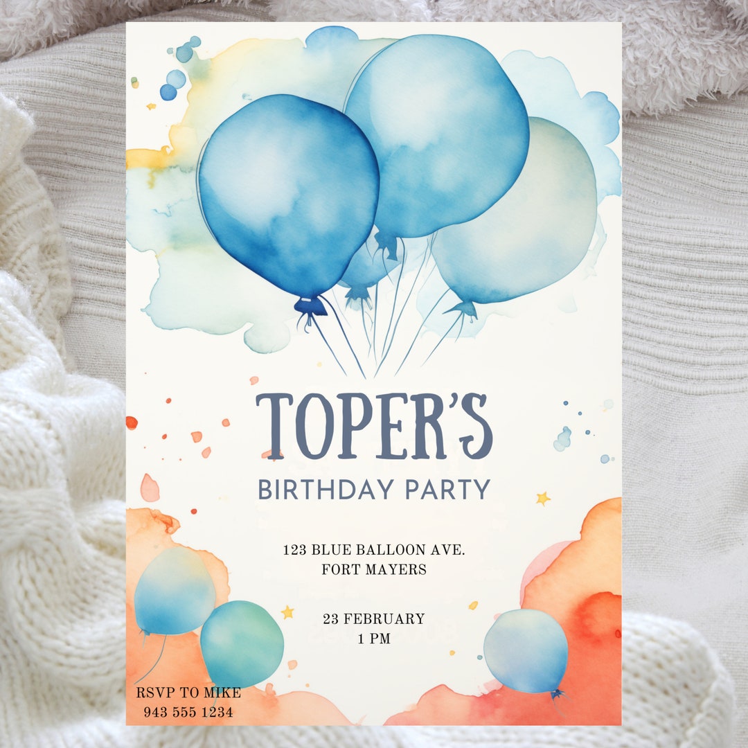 Watercolor Balloons Birthday Invitation Template (digital Canva ...