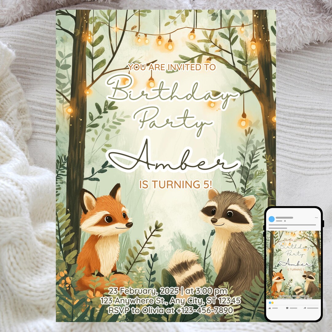 Wild Woodland Birthday Invitation, Kids Party, Editable Digital ...