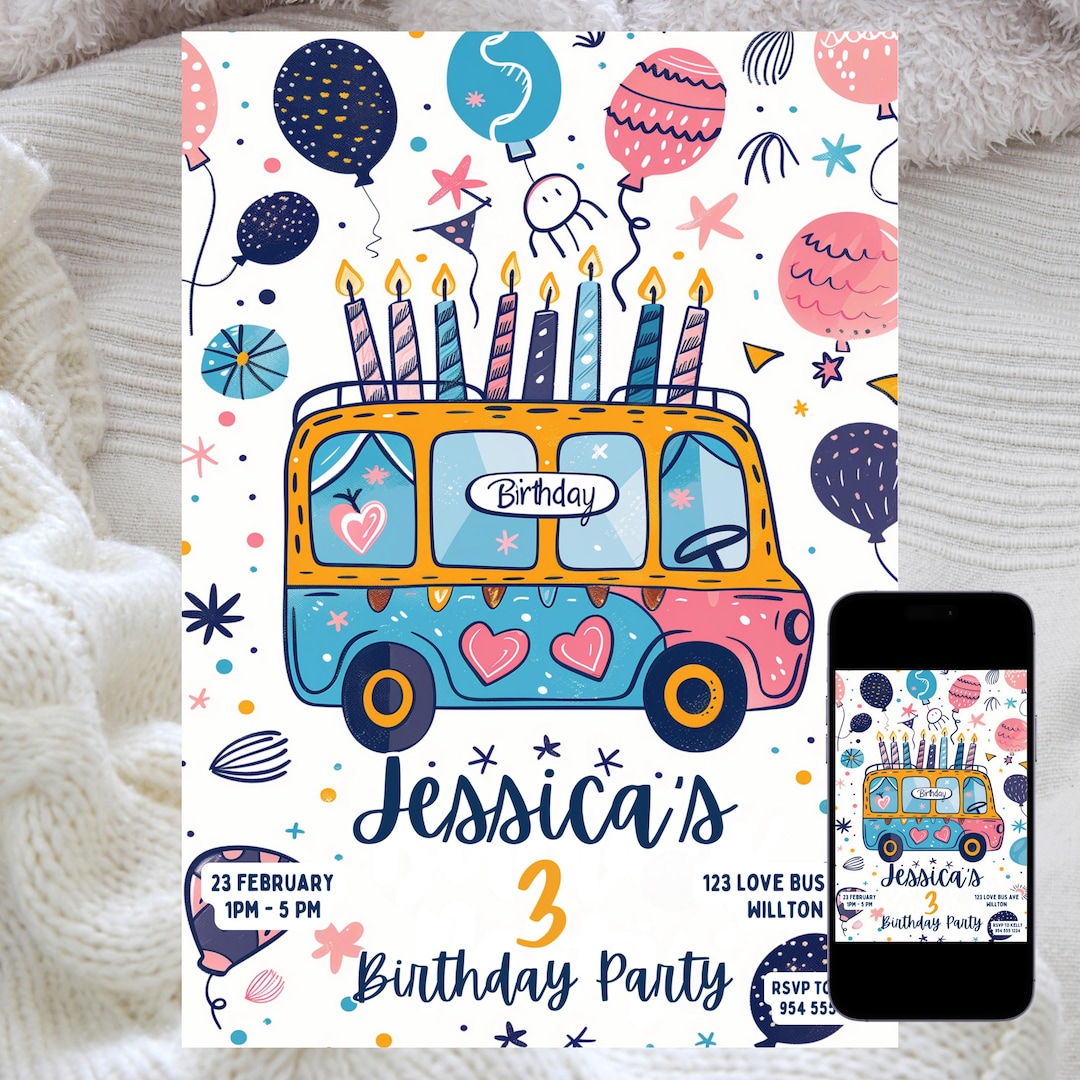 Cute Cartoon Bus Birthday Invitation, Editable School Bus Party Invite ...