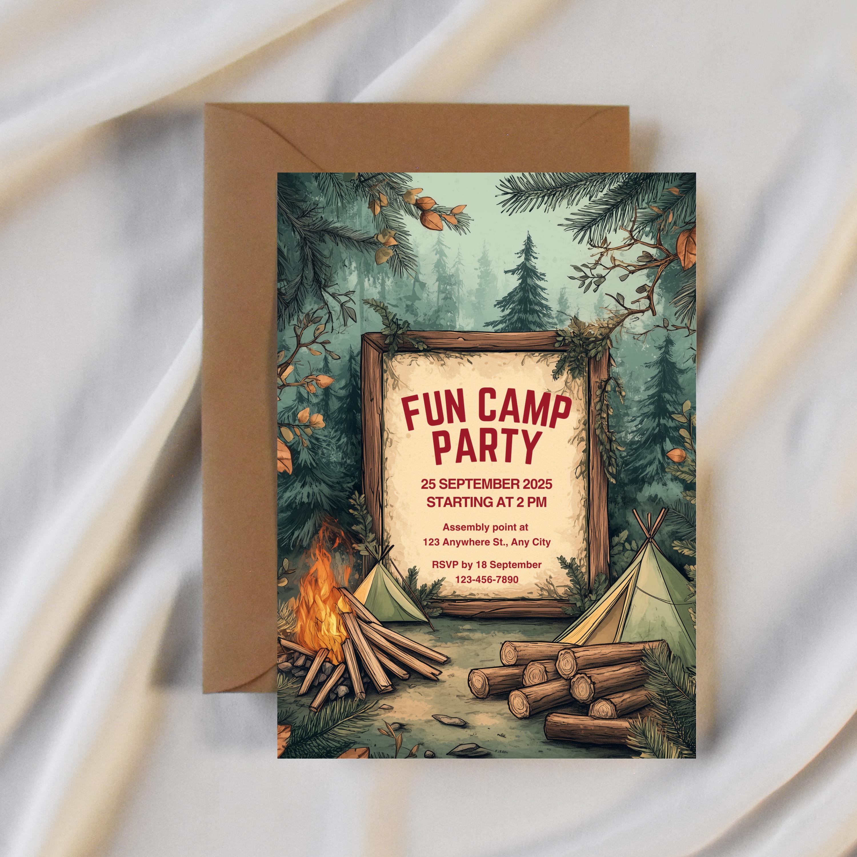Fun Camp Party Invitation, Forest Adventure Theme, Tent and Campfire ...