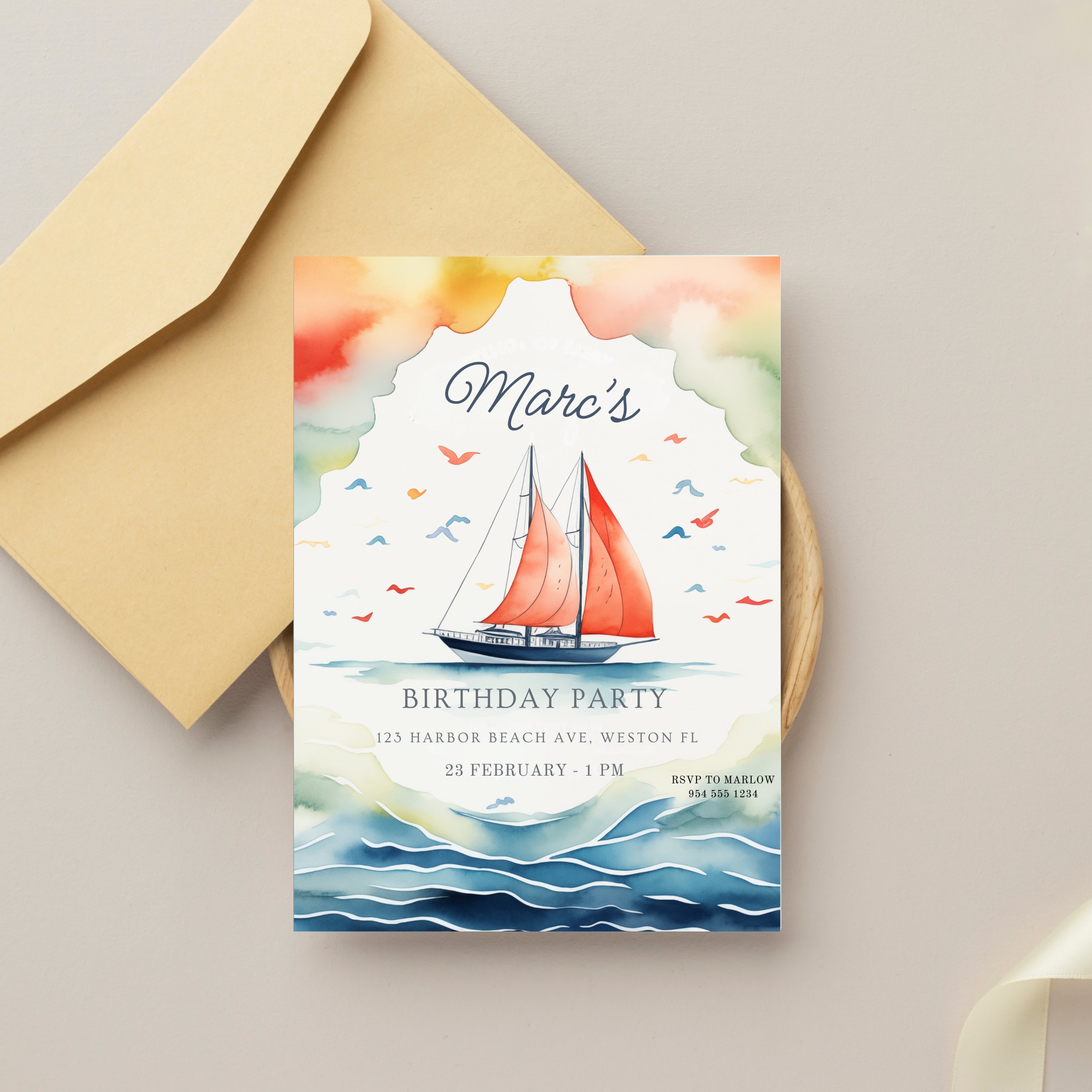 Personalized Watercolor Boat Birthday Invitation Template, Party at Sea ...
