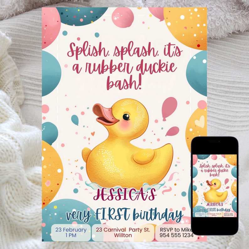 Rubber Duckie 1st Birthday Invitation: Bath Time Party (digital ...