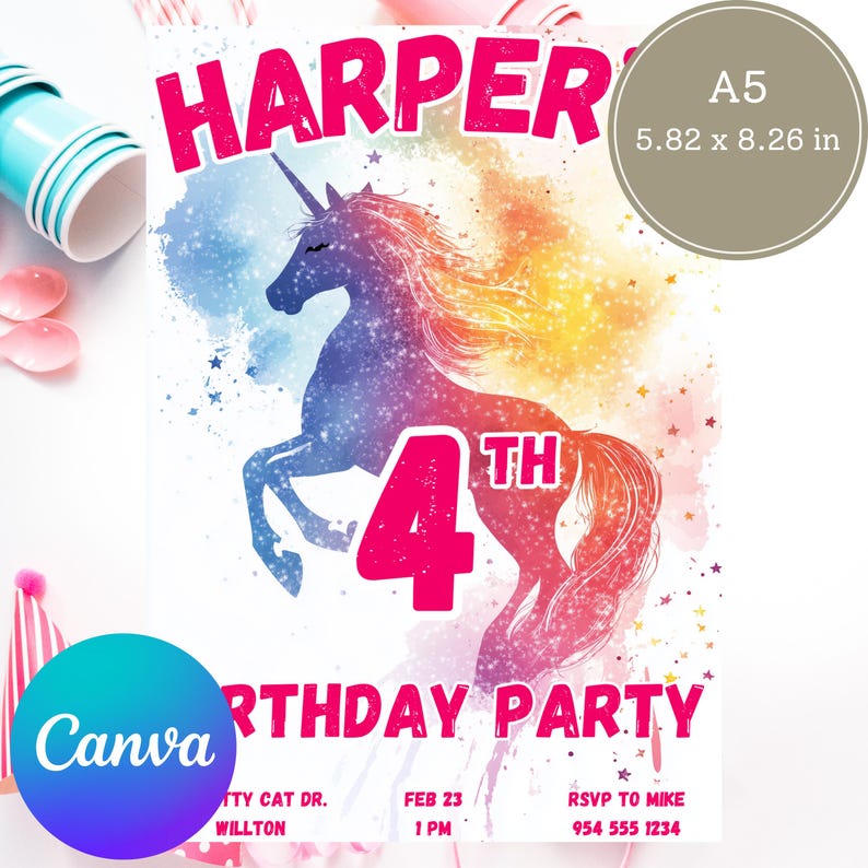 Unicorn Birthday Invitation, Fun Magical Kids Party Celebration ...