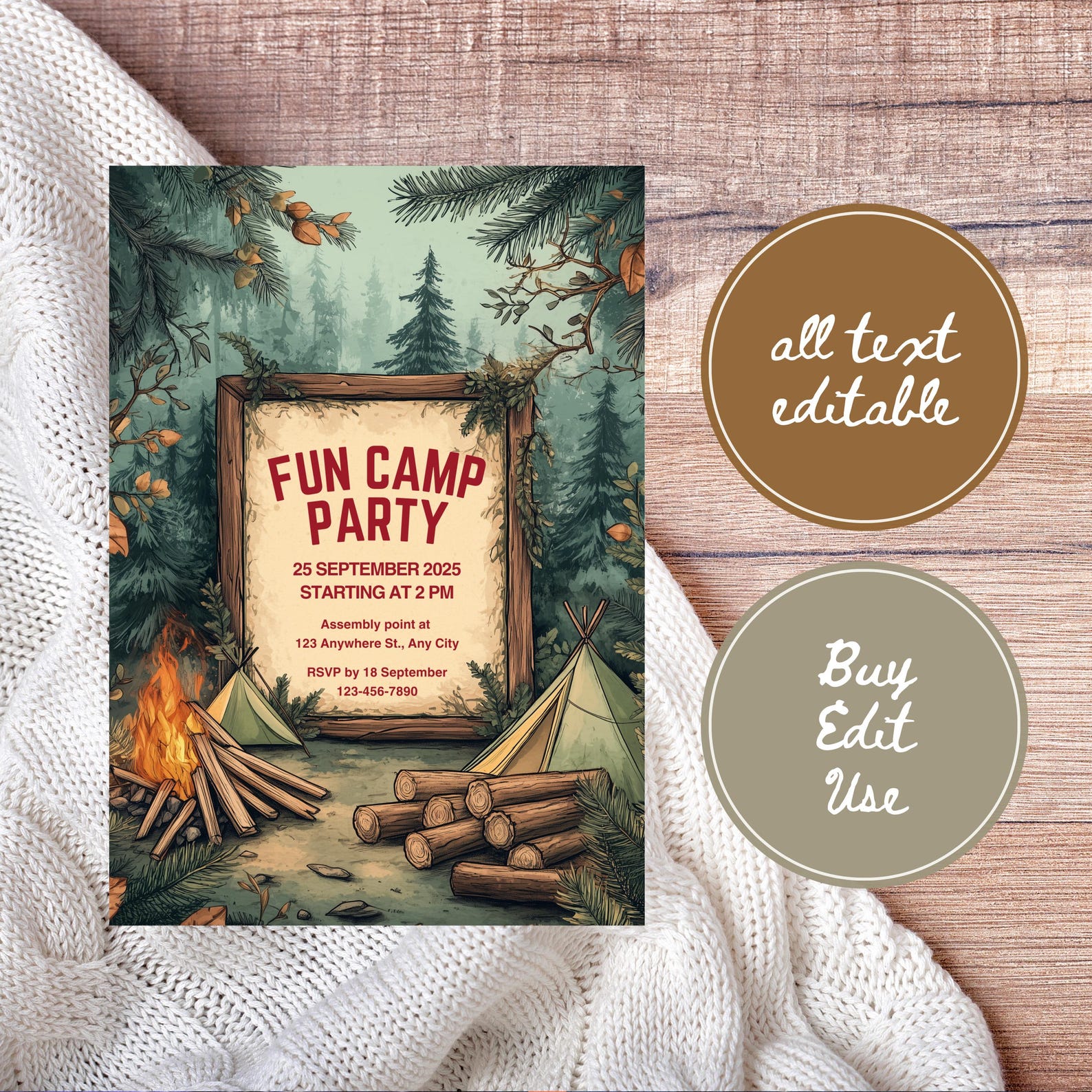 Fun Camp Party Invitation, Forest Adventure Theme, Tent and Campfire ...