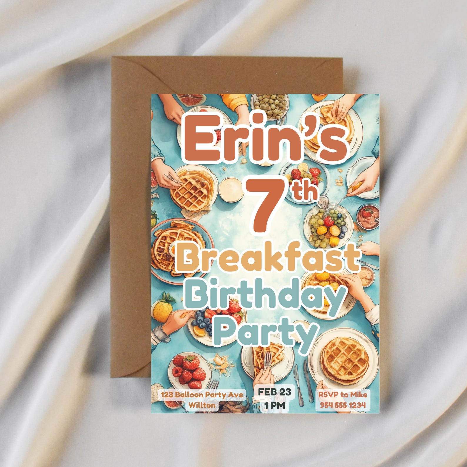 Waffle Party Birthday Invitation, Kids Breakfast Celebration, Editable ...