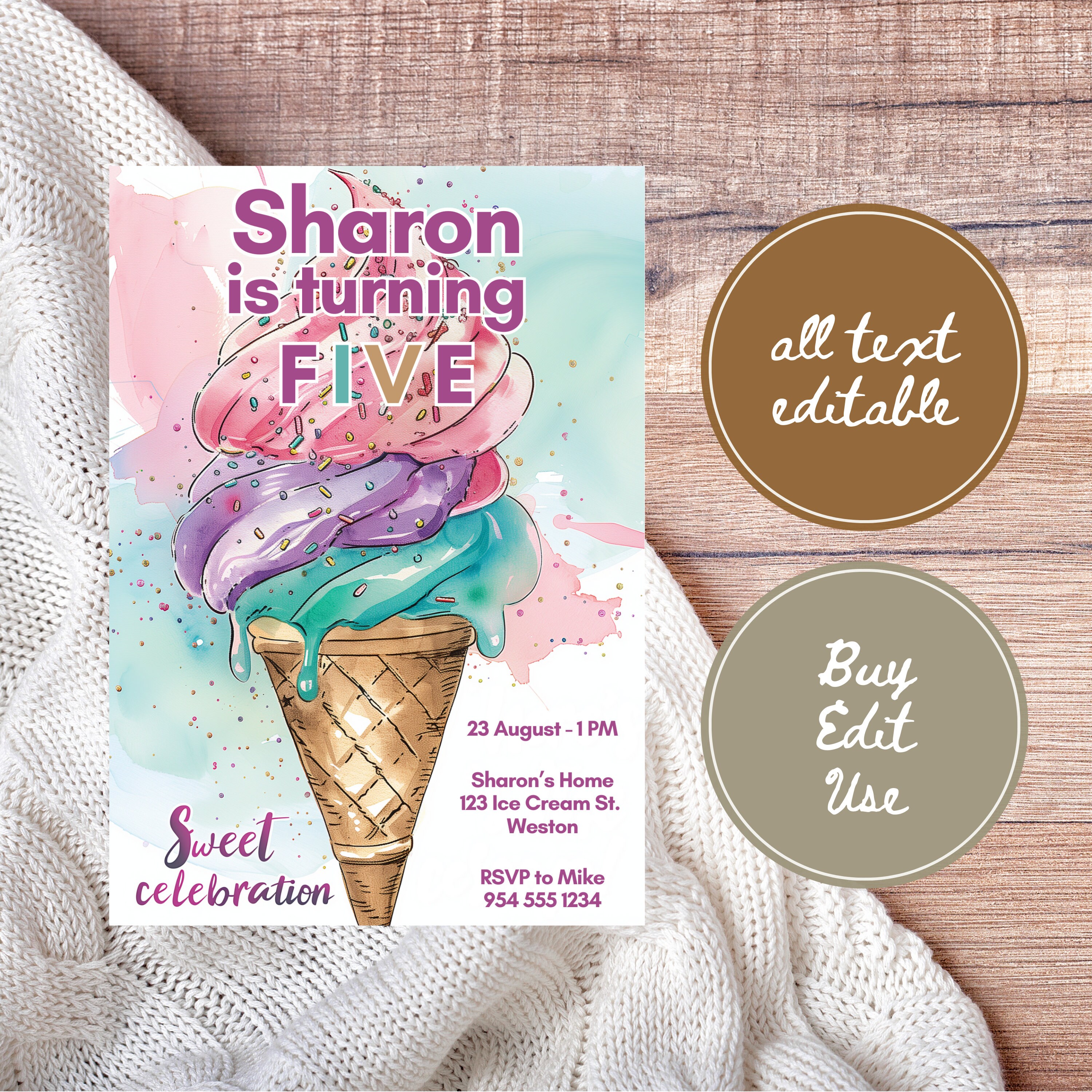 Editable Ice Cream Birthday Invitation, Birthday Party Invitation Card ...
