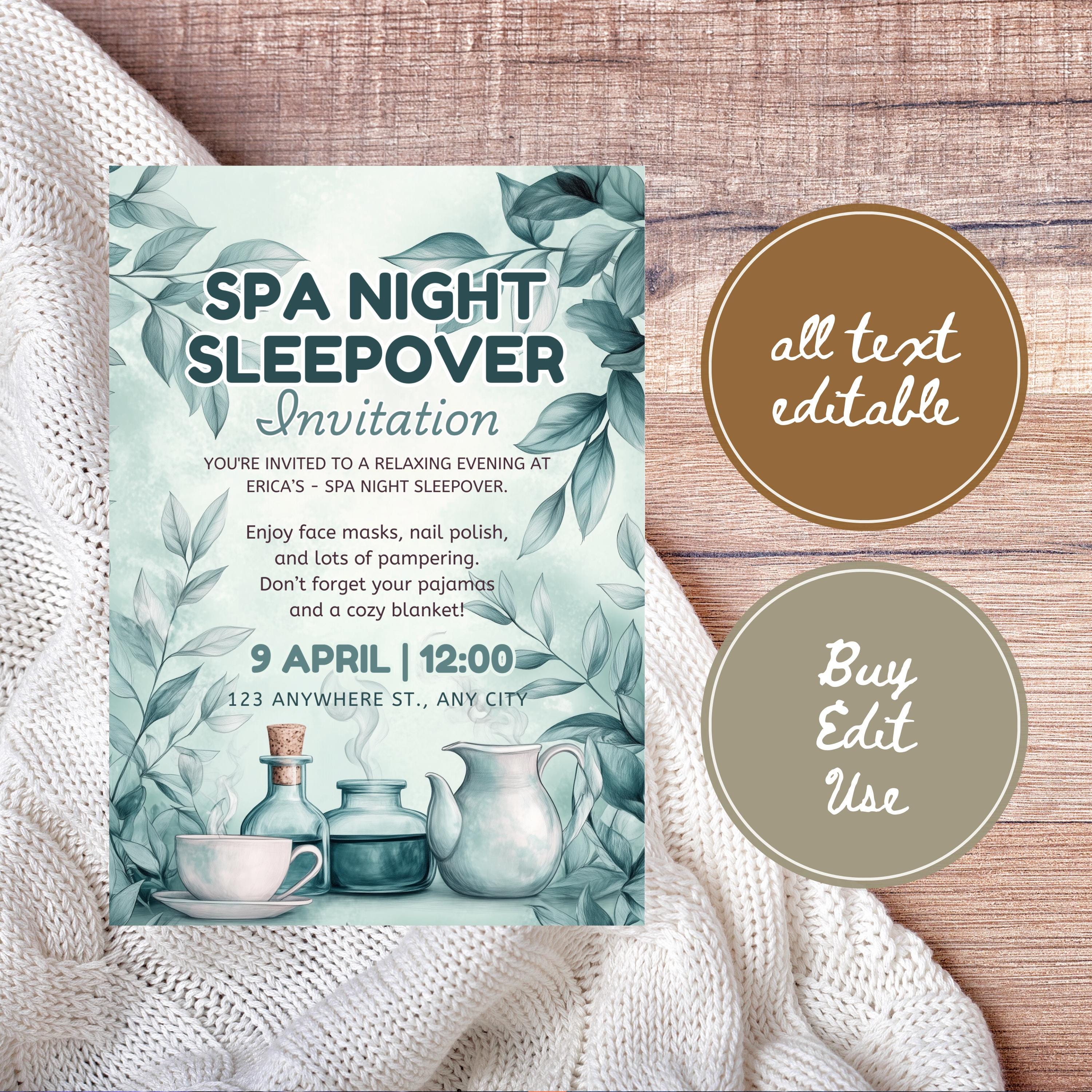 Spa Night Sleepover Invitation: Girls Relaxation Party (editable ...
