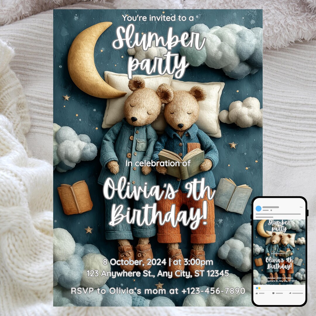 Teddy Bear Slumber Party Invitation: Watercolor Night Sky (editable ...