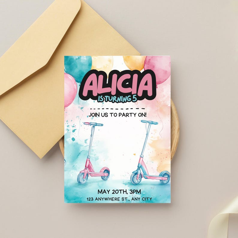 Scooter Birthday Party Invitation: Pink Teal Balloons (editable ...