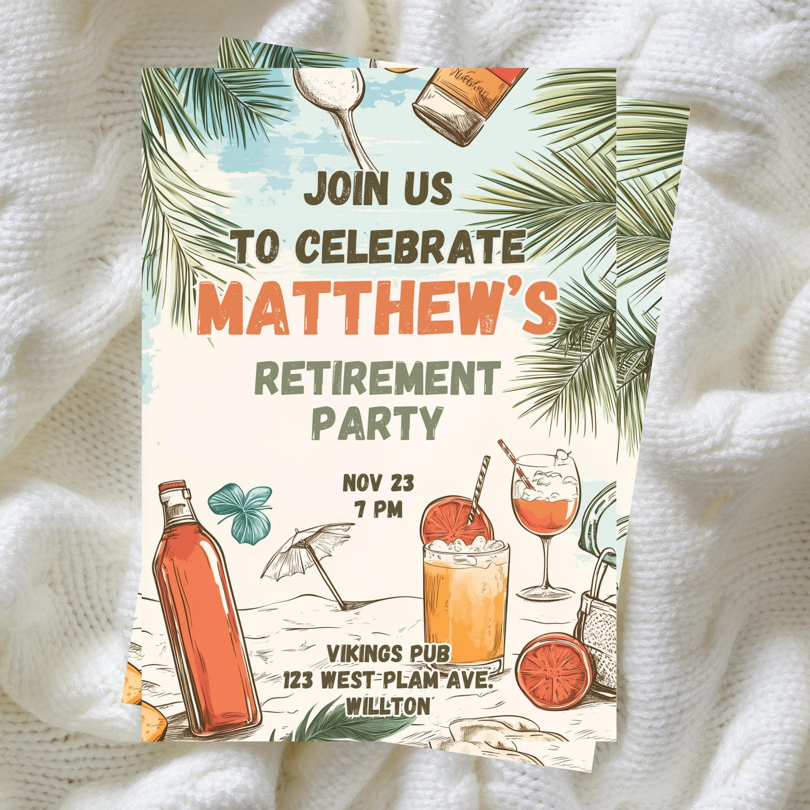 Tropical Retirement Party Invitation: Beach Drinks, Editable Template ...