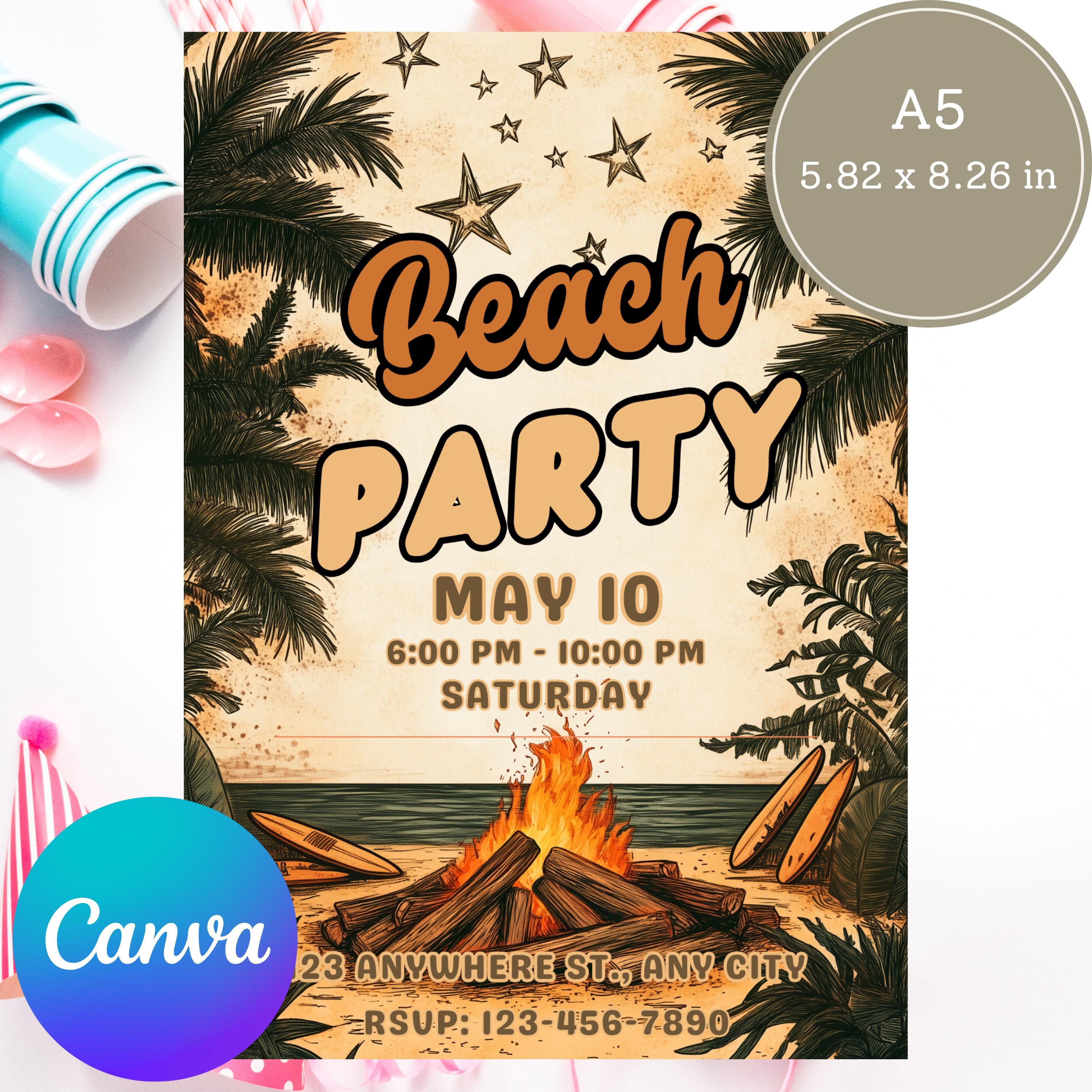 Tropical Bonfire Beach Party Invitation: Editable Surfboard Template ...