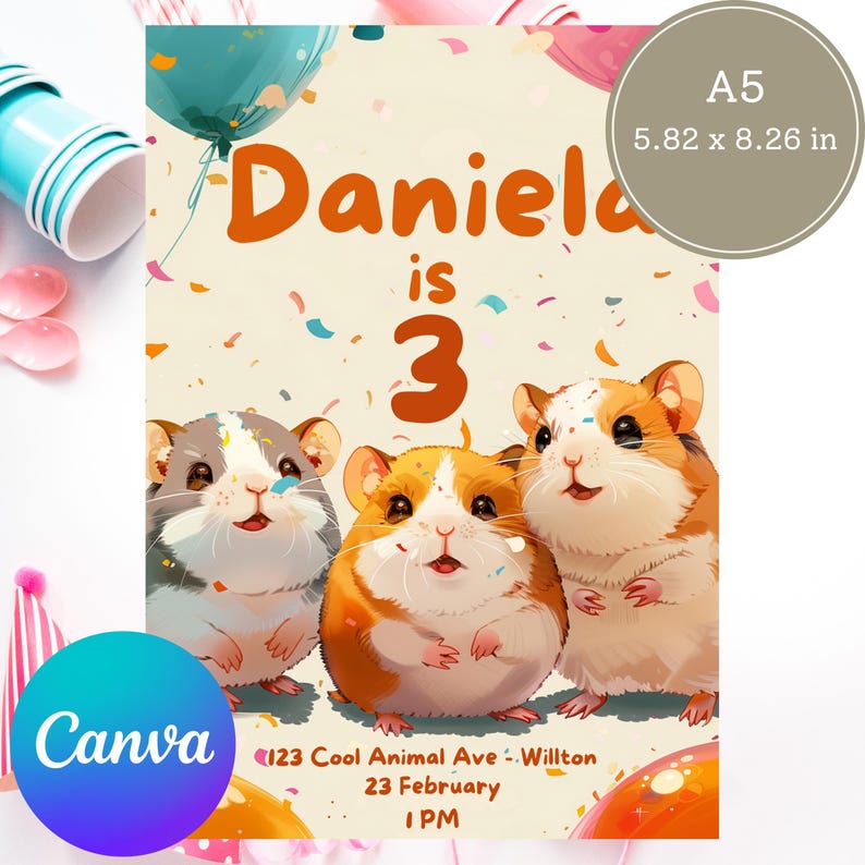 Editable Hamster Birthday Invitation, Cute Hamster Party Invite ...