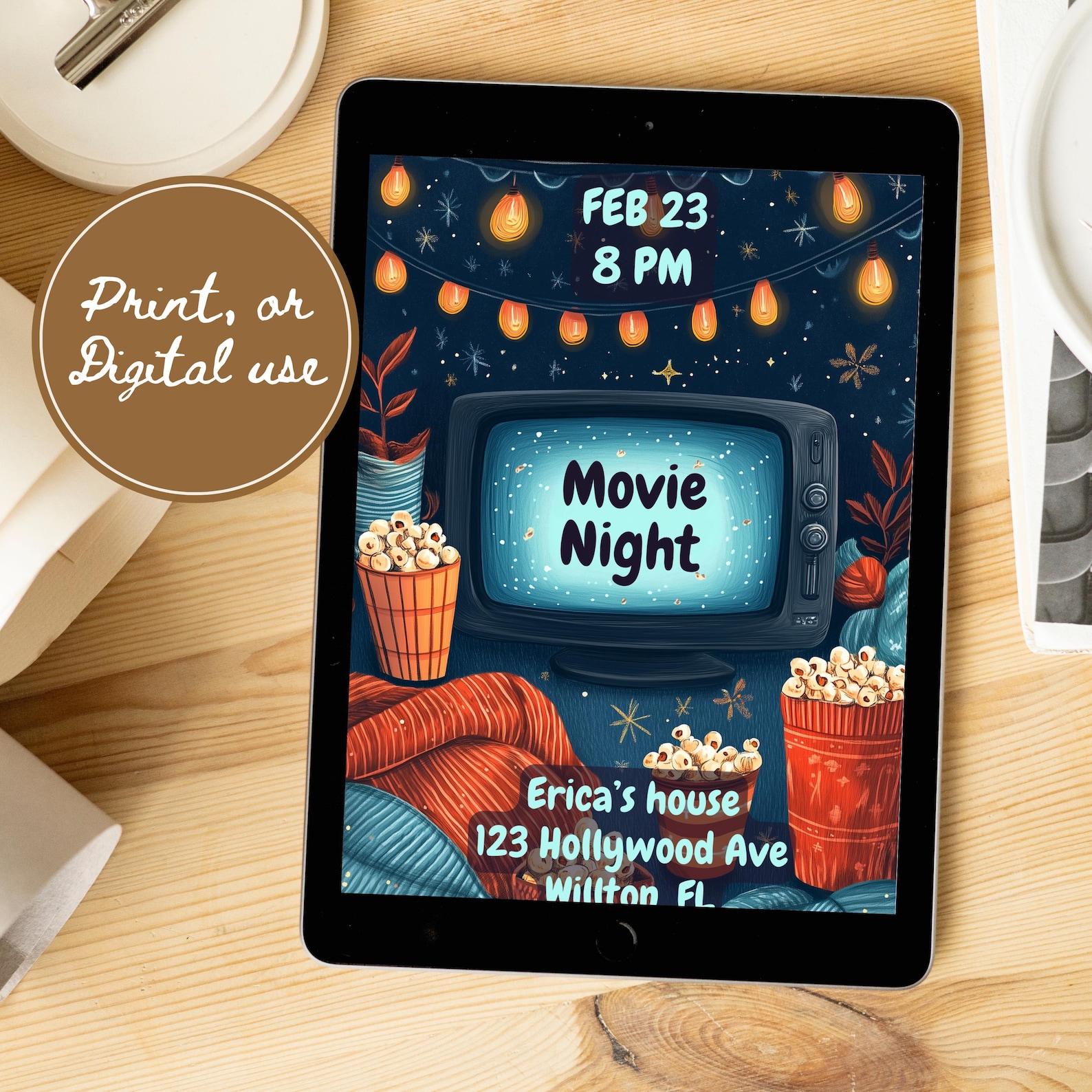 Movie Night Invitation: Popcorn Party, Editable Template (digital ...