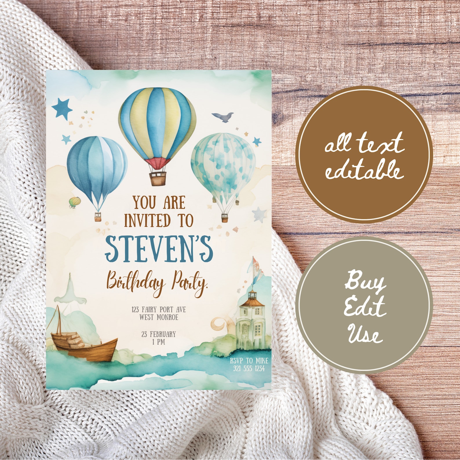 Hot Air Balloon First Birthday Invitation, Watercolor Birthday Invite ...