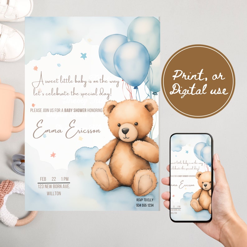 Editable Teddy Bear Baby Shower Shower Invitation, Cute Bear With ...