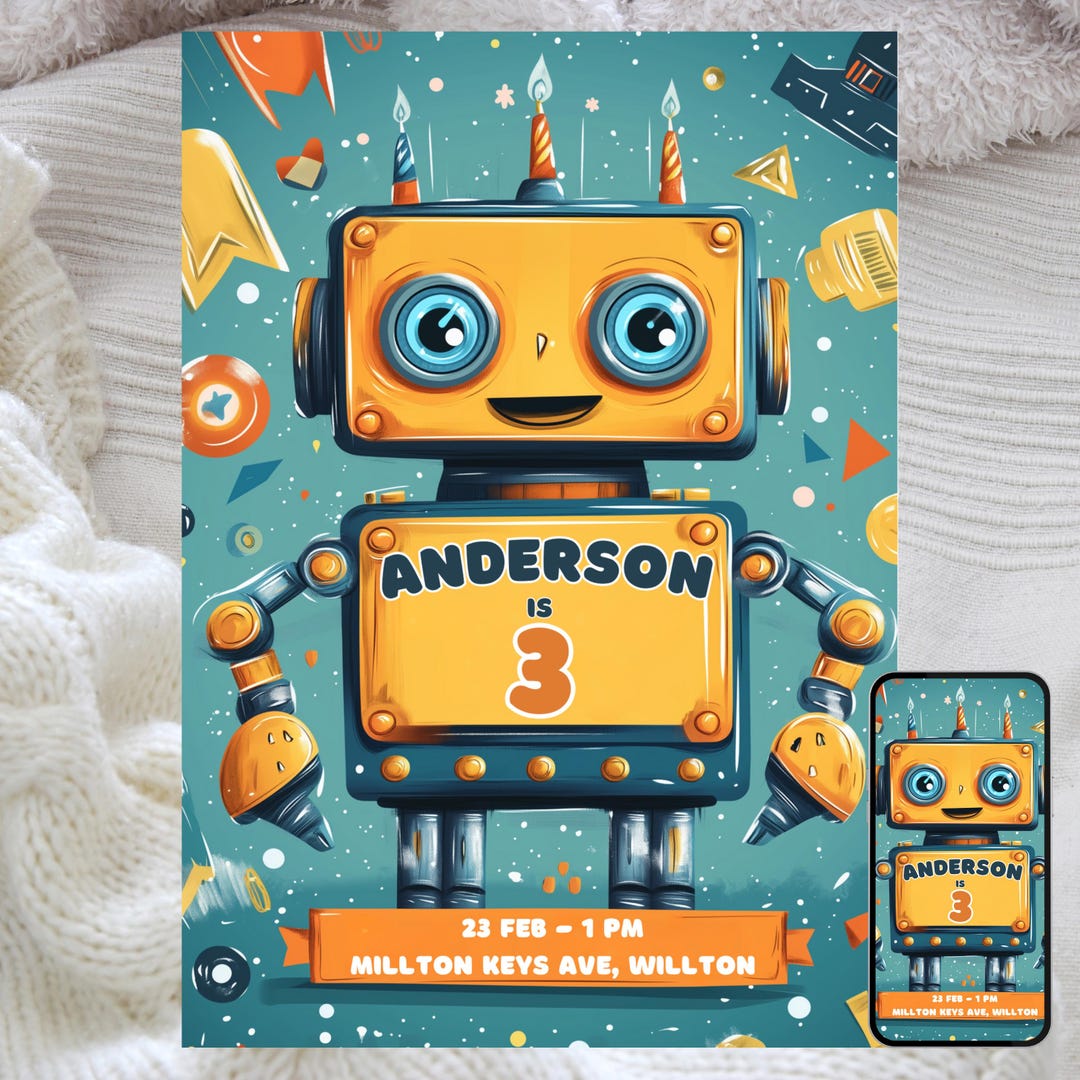 Cute Robot Invitation, Kids Birthday Party, Fun and Playful Robot Theme ...
