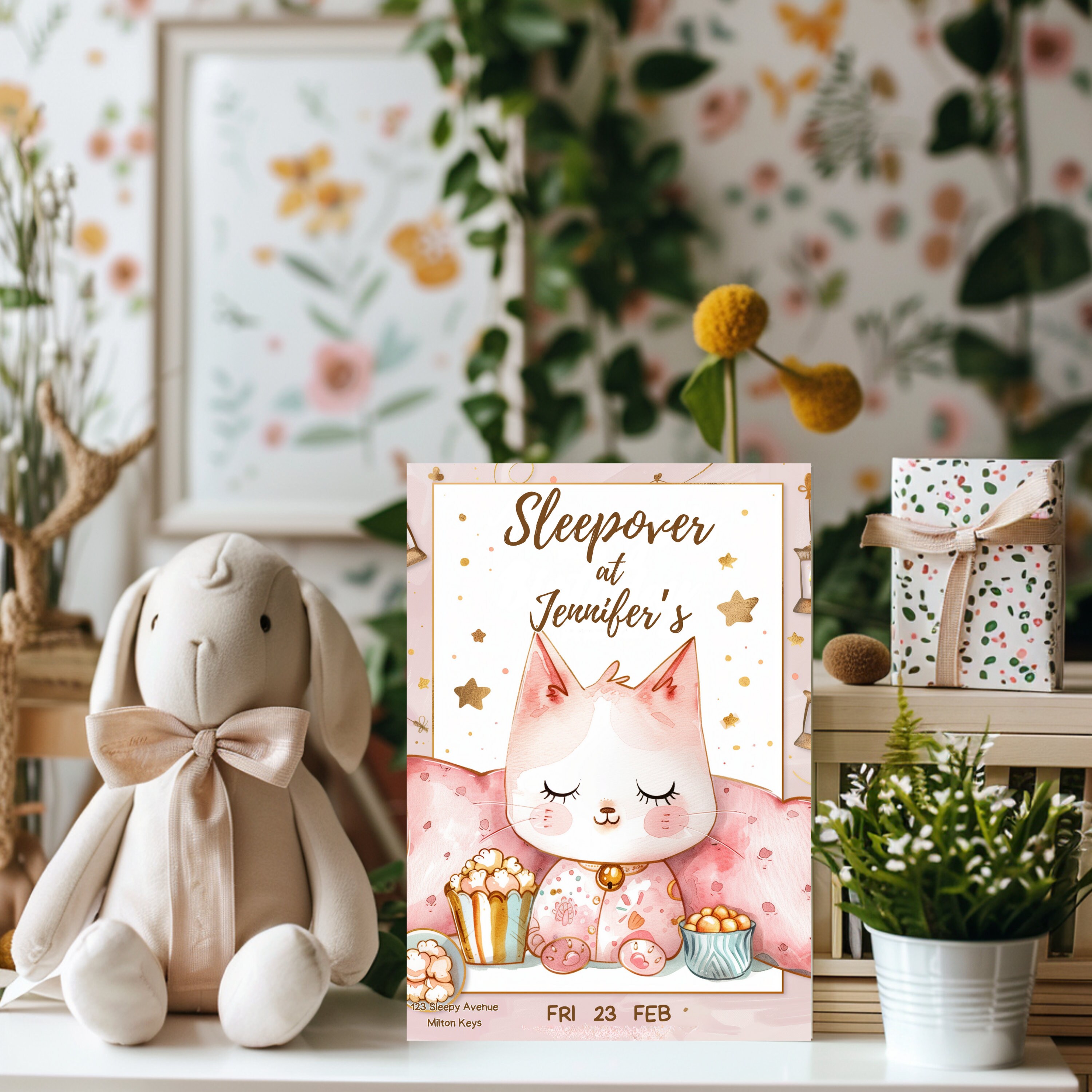 Editable Slumber Party Invitation: Pink Cat Sleepover (digital Download ...