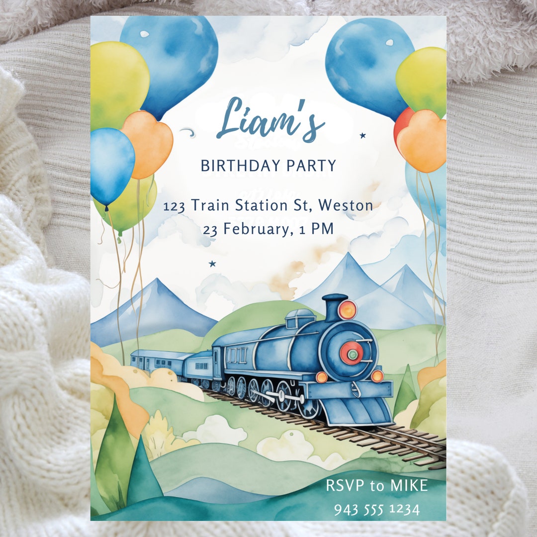 Watercolor Train Theme Birthday Party Invite, Chugga Train Invite ...