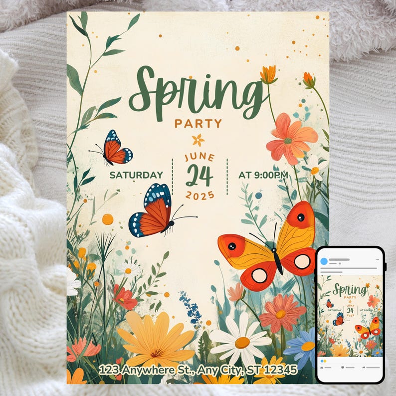 Spring Party Invitation, Editable Digital Template, Butterflies and ...