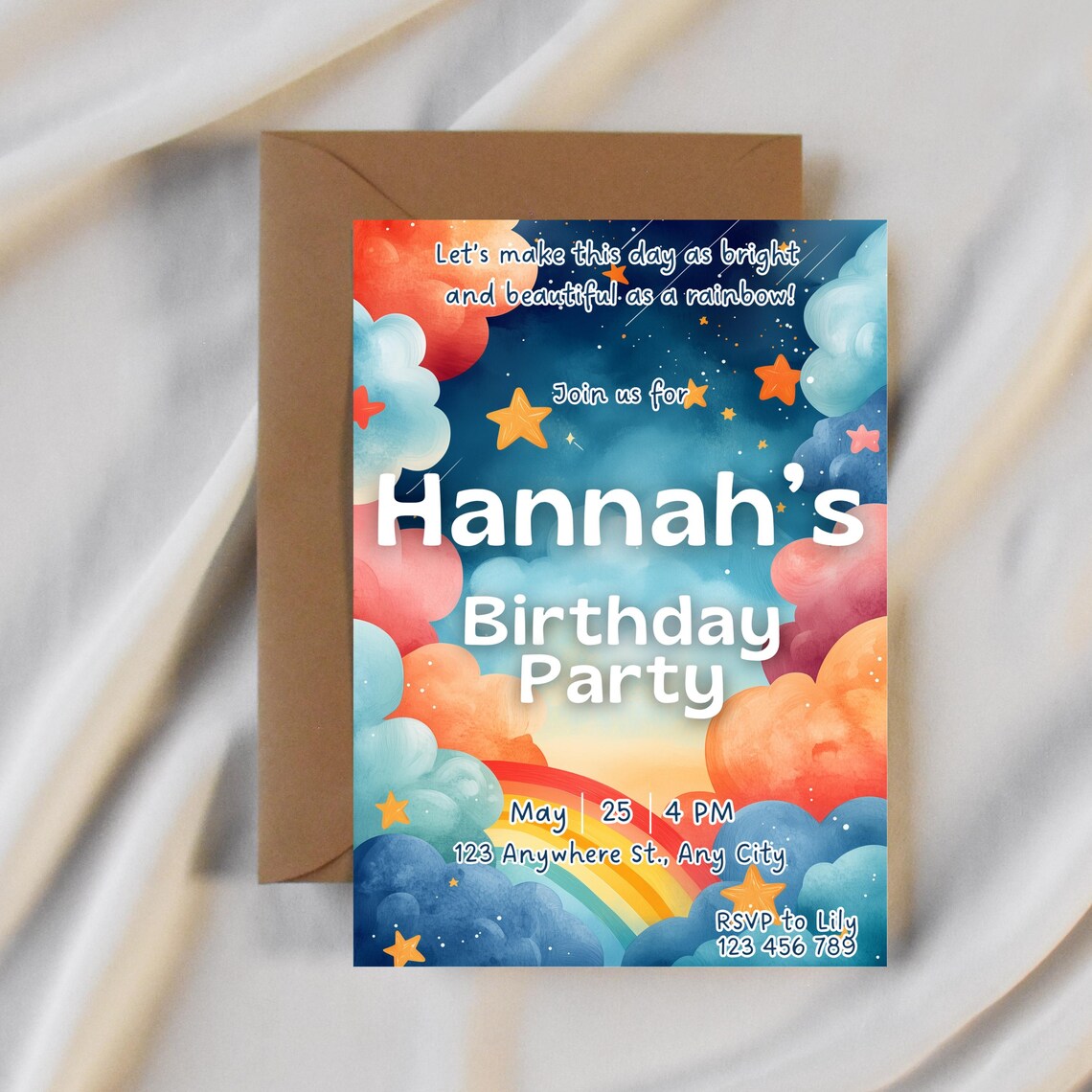 Rainbow & Clouds Birthday Invitation, Kids Party, Editable Digital ...